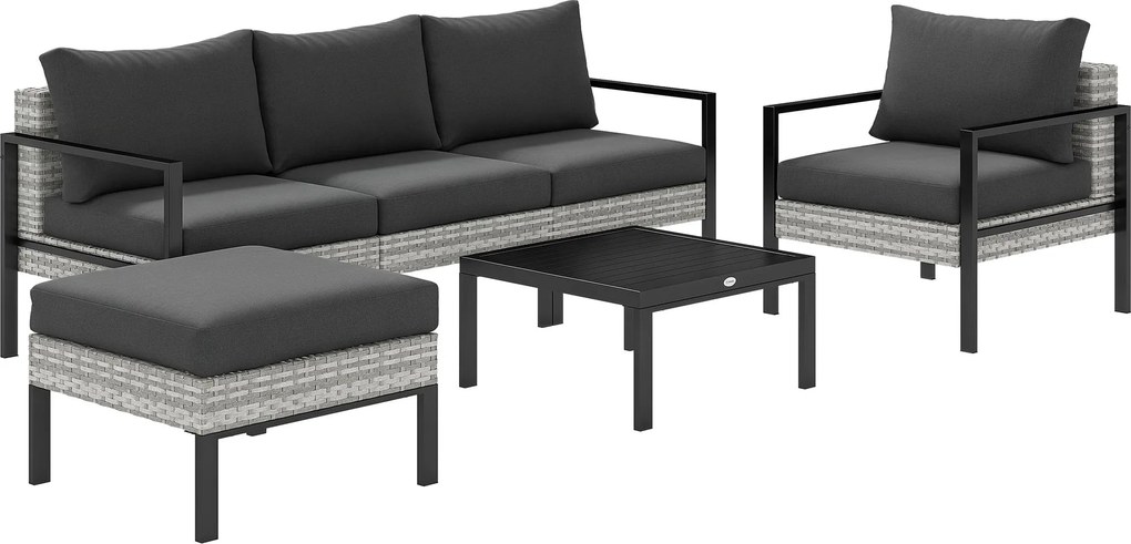 Outsunny Zahradní Lounge Set 5-Dílný, Balkonový Set z Plastového Rattanu s Křesly, Ottomanem, Kavovým Stolkem, Vyměnitelnými Polštáři, Nosnost 120kg,