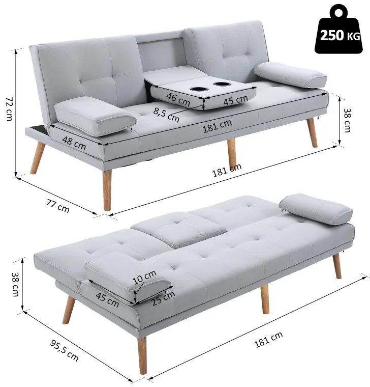 HOMCOM Rozkládací pohovka 3-místná, s držákem nápojů, polohovatelná, šedá, 181 x 77 x 78 cm 833-663