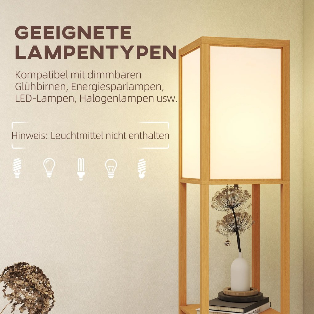 HOMCOM stojací lampa s 3 policemi, stojací svítidlo s objímkou E27, 26 x 160 cm, do obývacího/pokojového prostoru (Bez žárovky)