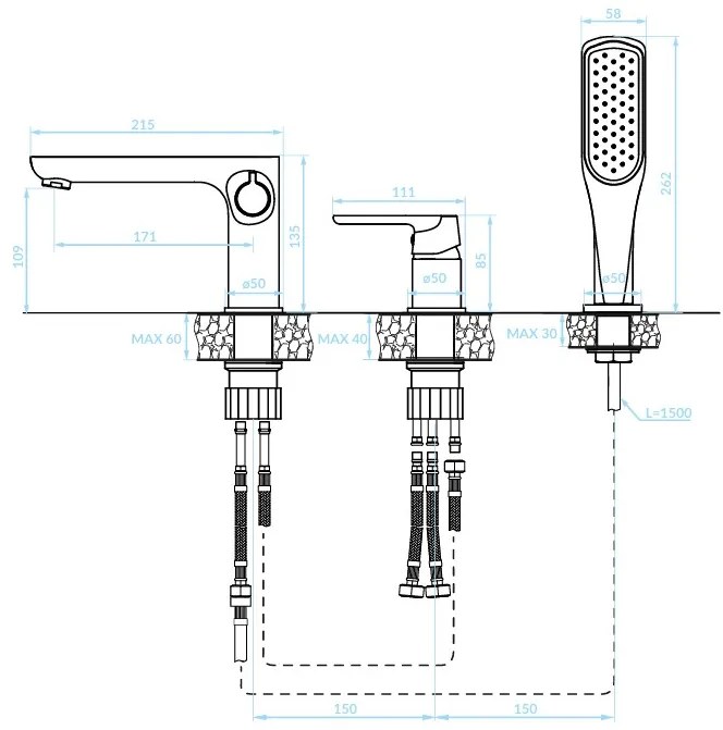 Kuchinox Dima, 3-otvorová vanová baterie, bílá matně-chromová, LAV-BQD_613D