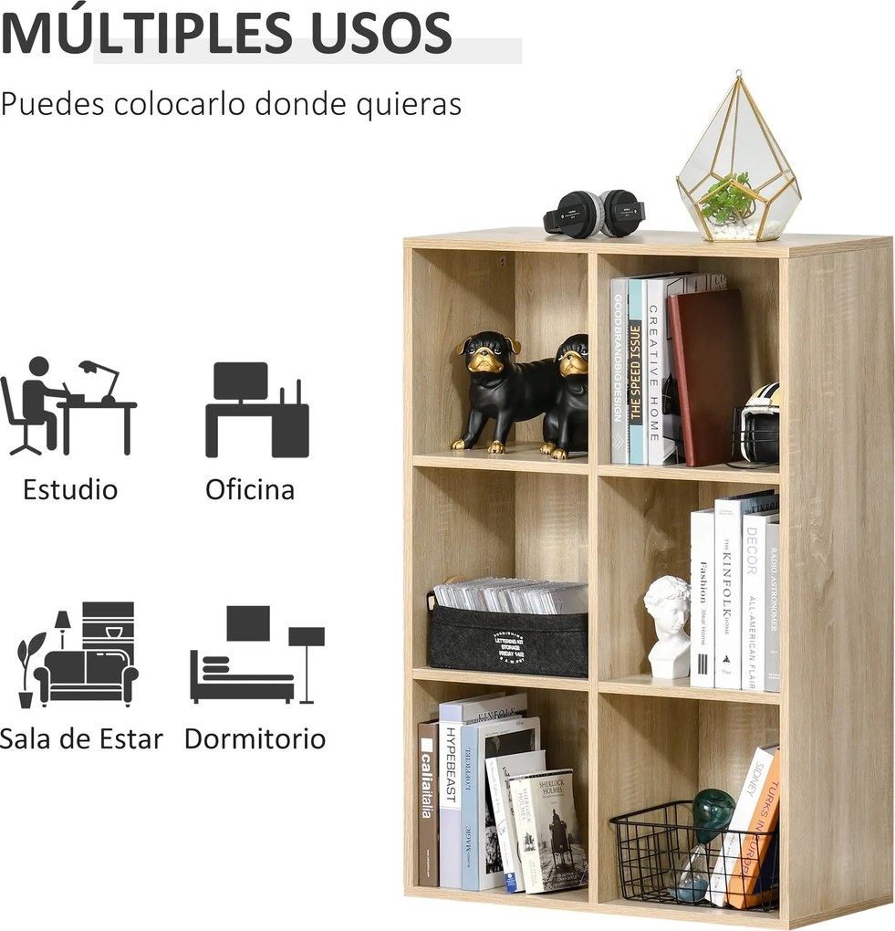 HOMCOM Knihařský regál se 3 policemi a 6 úložnými boxy do obývacího pokoje, ložnice, kanceláře 65,5x30x97,5 cm Dub