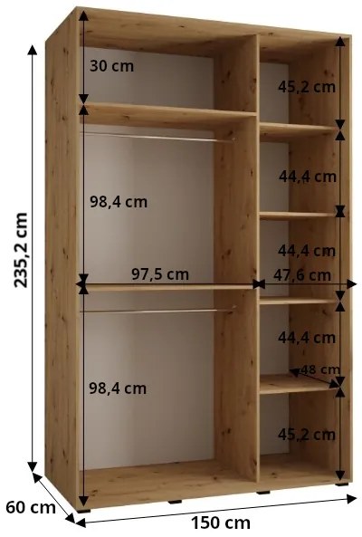 Šatní skříň FIDELIA 2 - 150/60 cm, dub artisan / černá / dub artisan