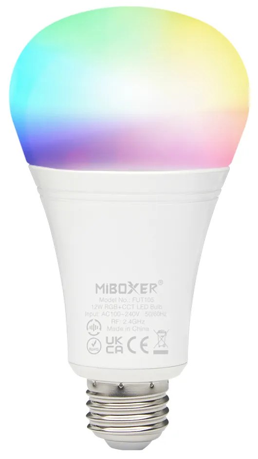 Miboxer LED stmívatelná žárovka E27, RGB+CCT, 12W, 2.4GHz, FUT105