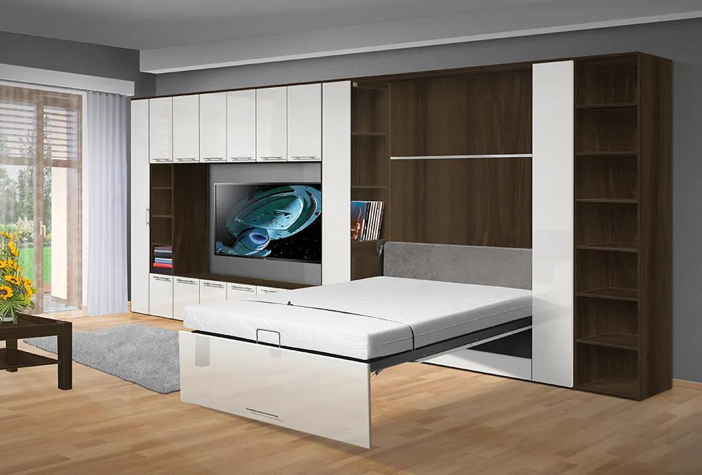 Obývací sestava s výklopnou postelí VS 4070P, 200x180cm odstín lamina - korpus: ořech, odstín dvířek: bílá lesk