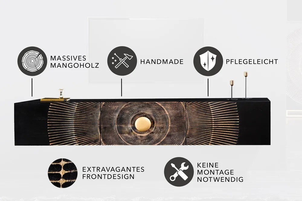Designový závěsný TV stolek Venetia 160 cm černo-zlatý