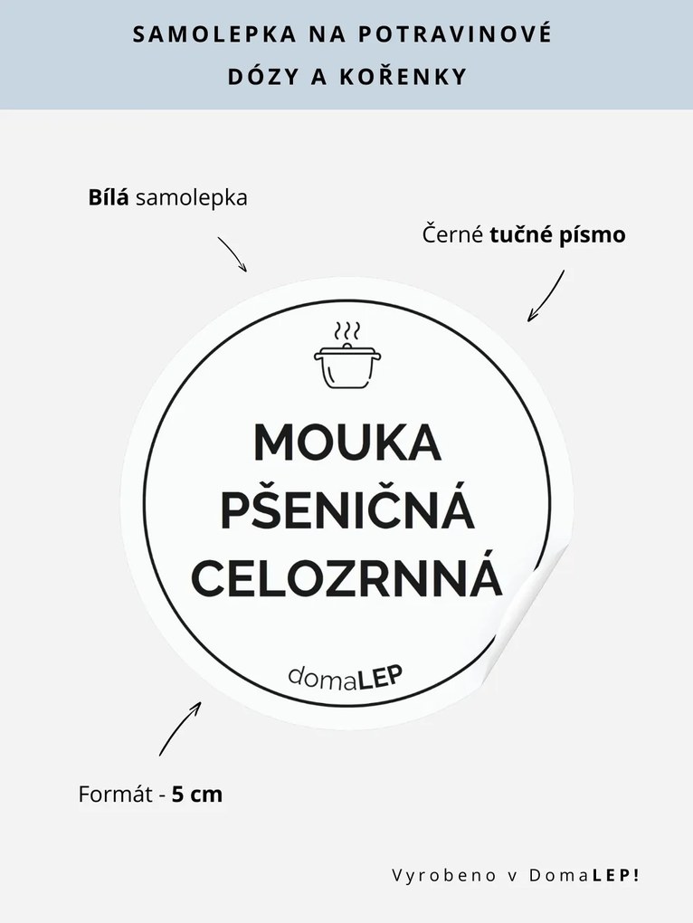 MOUKA PŠENIČNÁ CELOZRNNÁ - omyvatelná samolepka na dózu, výběr rozměrů Ø 5 cm / 5 x 5 cm / 6 x 8 cm | DomaLEP