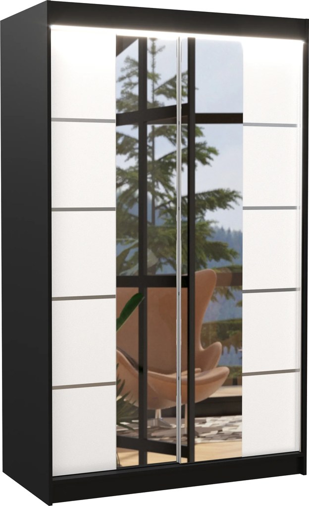 ADRK Furniture Posuvná skříň se zrcadlem a LED osvětlením GENUA 120 SW-GEN-B+W-120+L-V090