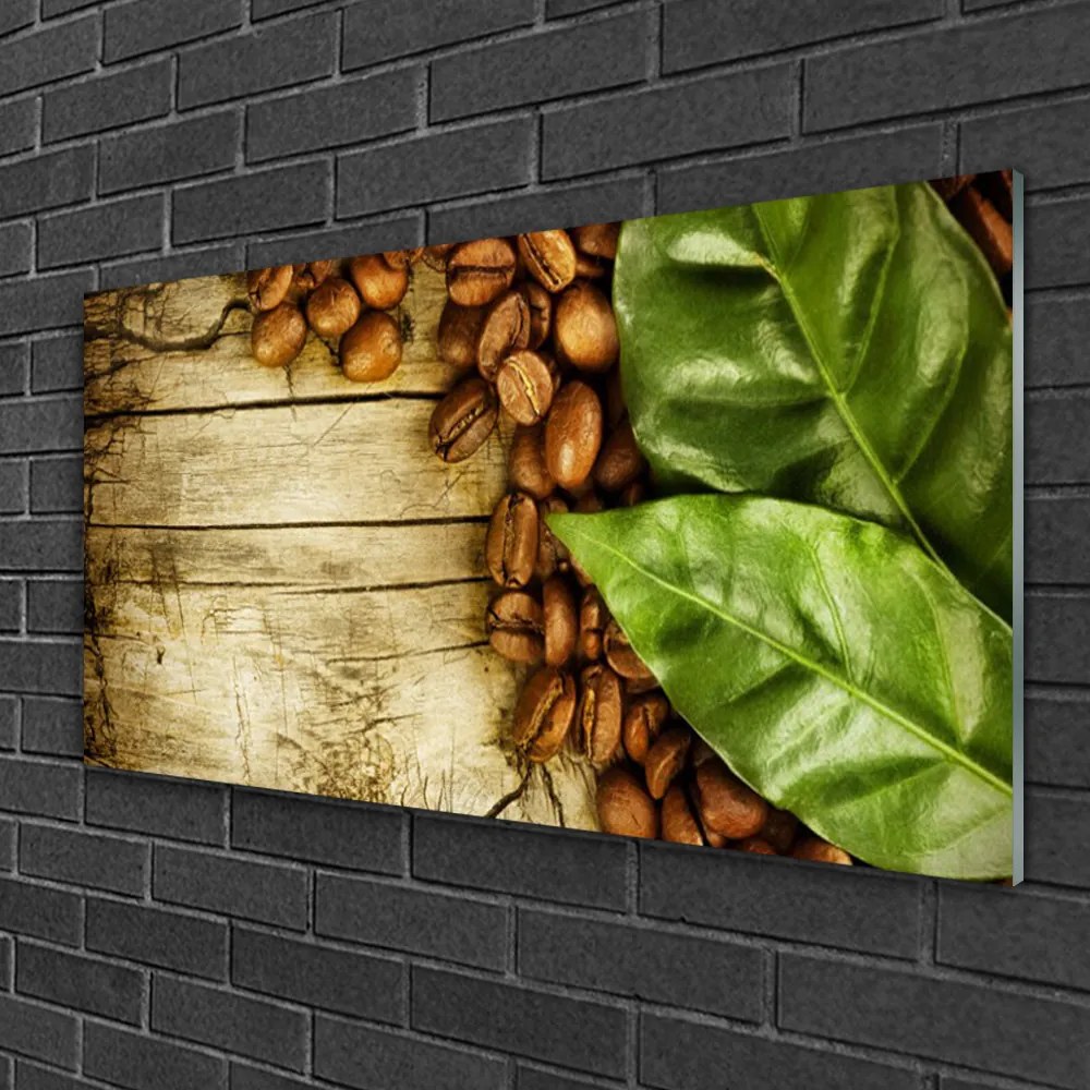 Obraz na skle Zrnka Káva Listy Kuchyně 140x70 cm
