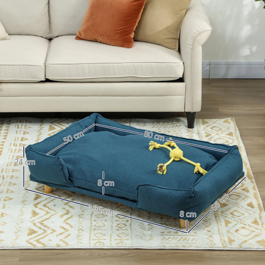 PawHut pelíšek pro psy polštářek pro psy koš pro psy pohovka pro psy dřevěné nohy, polyester, tmavě modrá, 96 x 66 x 24 cm