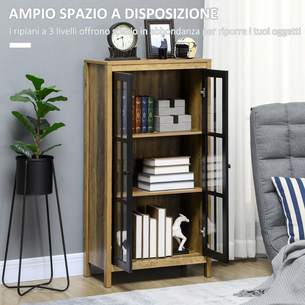 HOMCOM Moderní skleněný sekretář se 2 dveřmi, skříň do obývacího pokoje, 60x35x120cm, hnědá