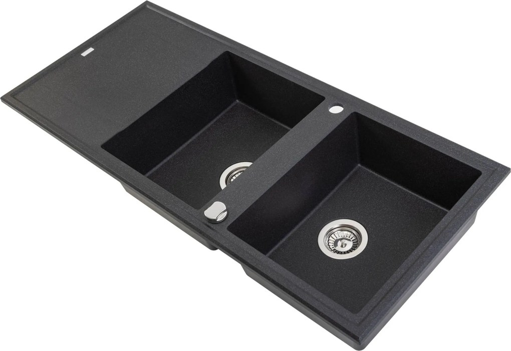 Laveo Megalo, 2-komorový granitový dřez 1160x500x185 mm s dlouhým odkapávačem, černá, LAV-SBE_721T