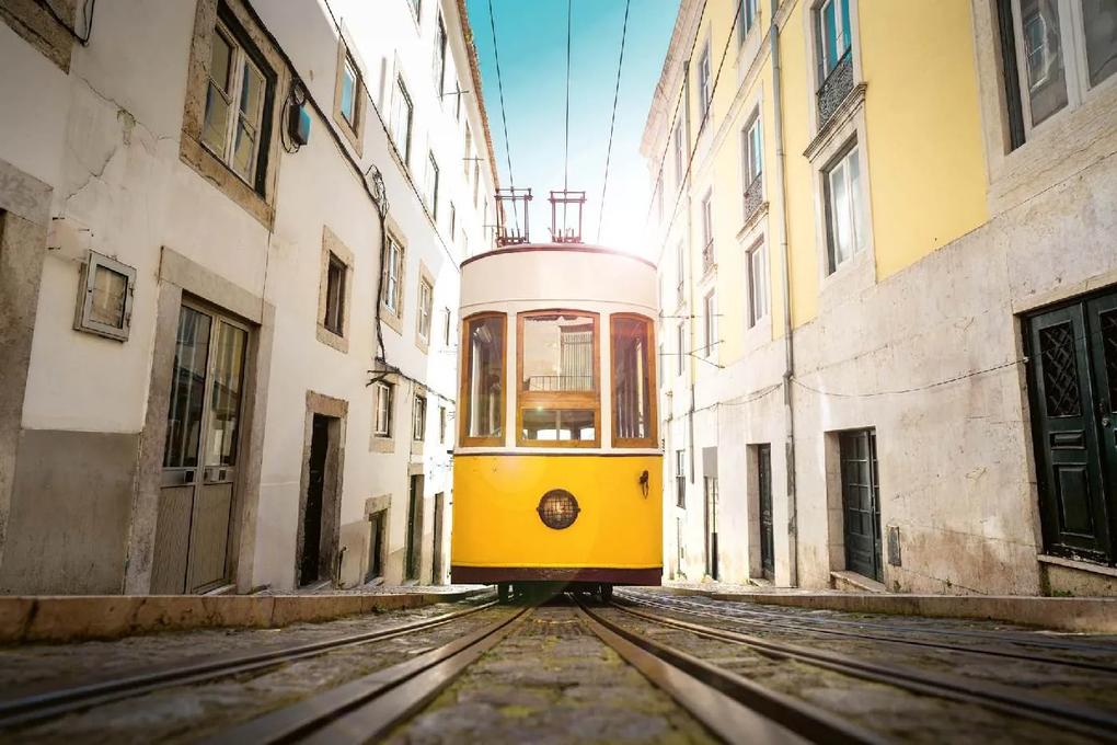 DIMEX | Samolepicí vliesová fototapeta na zeď Tramvaj v Lisabonu MA-5-2878 | 375 x 250 cm | bílá, žlutá, šedá