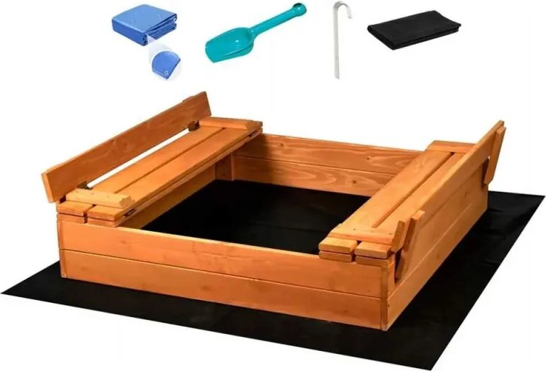 Dětské dřevěné pískoviště s poklopem a lavičkami Baby Mix 100x100 cm