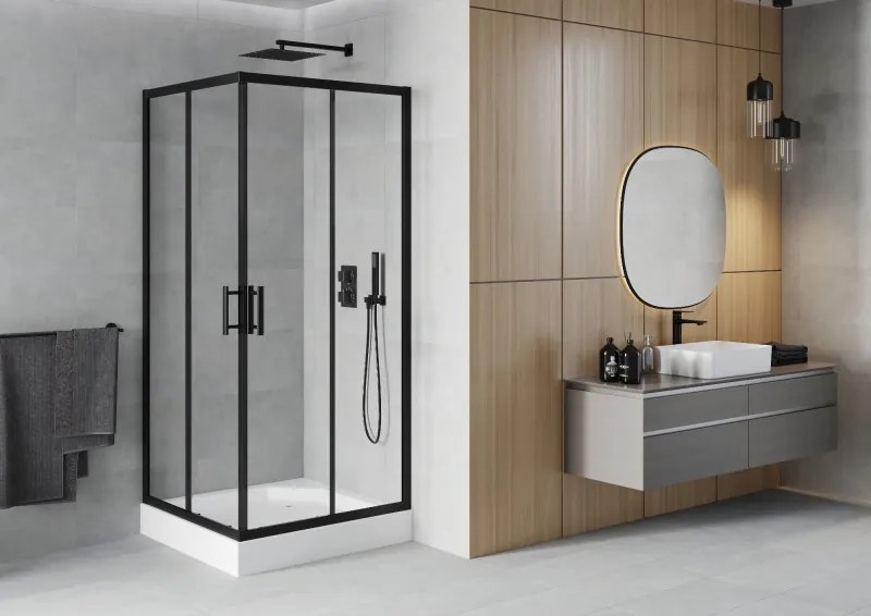 Mexen Rio, čtvercový sprchový kout 90 x 90 cm, 6mm čiré sklo, černý profil + bílá sprchová vanička RIO, 860-090-090-70-00-4510
