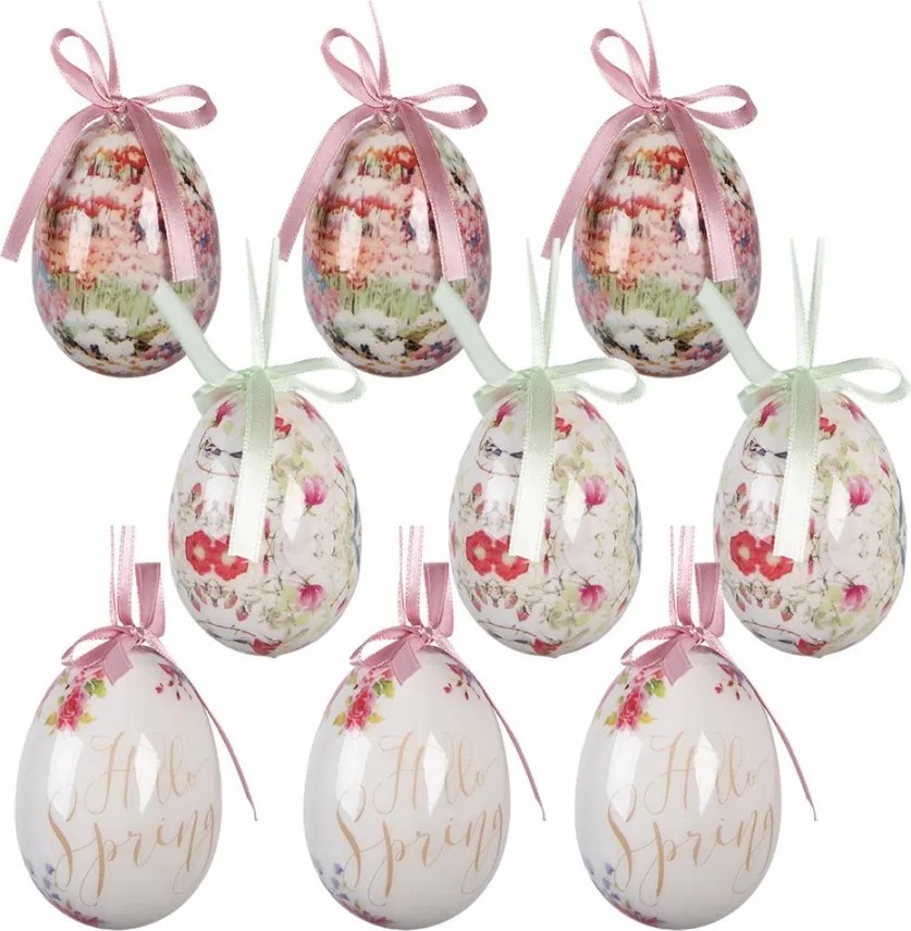 9ks dekorace bílé závěsné vajíčko s květy Hello Spring Egg - Ø 5*8 cm