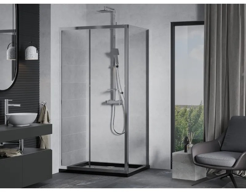 Mexen Apia rozsouvací sprchový kout 90 x 100 cm, Průhledné, Chromovaná + sprchová vanička Flat, Černá - 840-090-100-01-00-4070