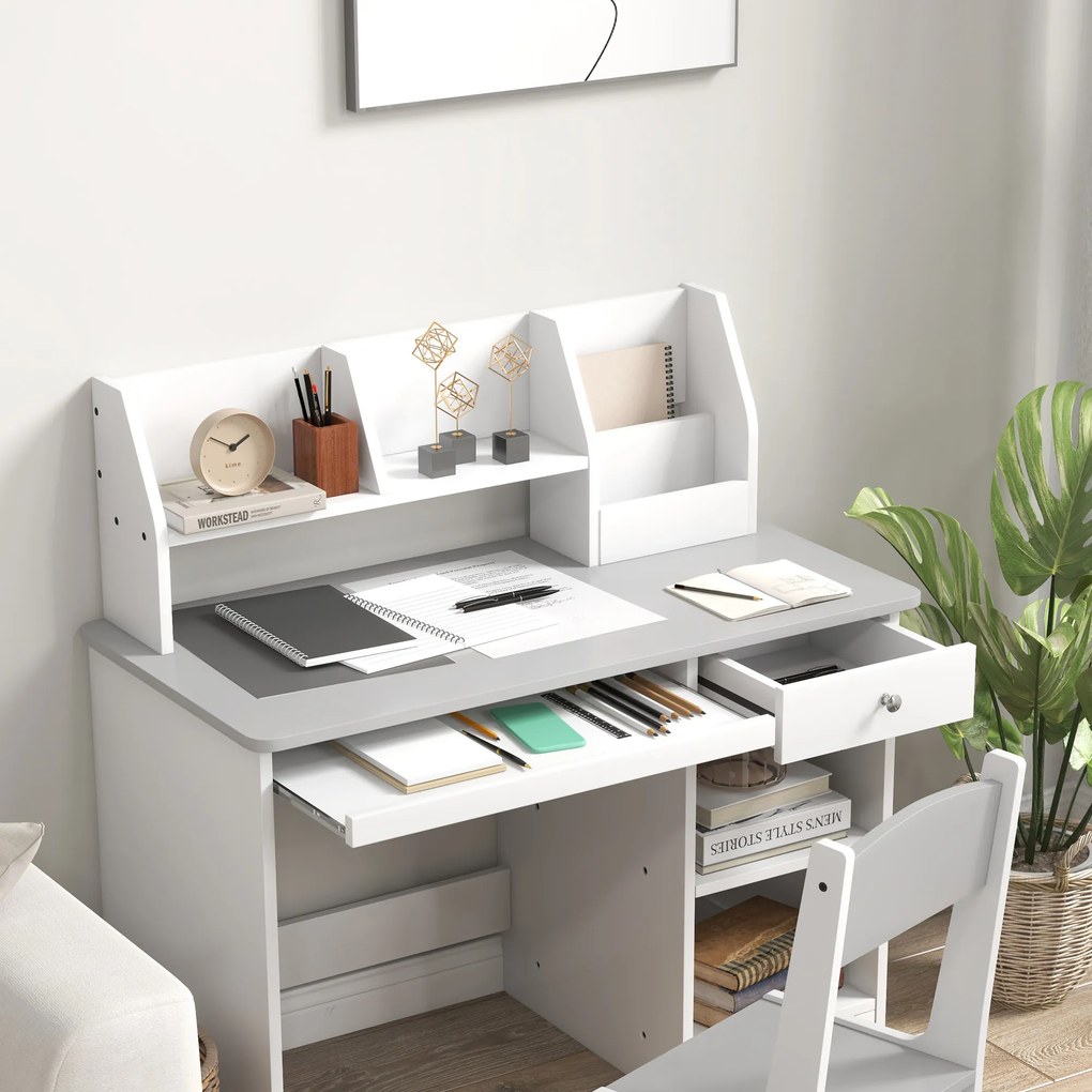ZONEKIZ dětský psací stůl s ergonomickou židlí s vysouvací přihrádkou na klávesnici, nikami a otevřenými policemi, 90 x 45 x 90 cm šedý