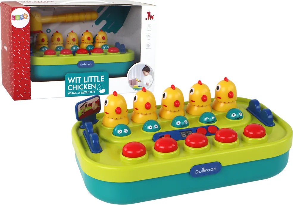 LEAN Toys Hra na obratnost Whac-a-Mole – kuřátka, kladívko, světla, zvuky, na baterie