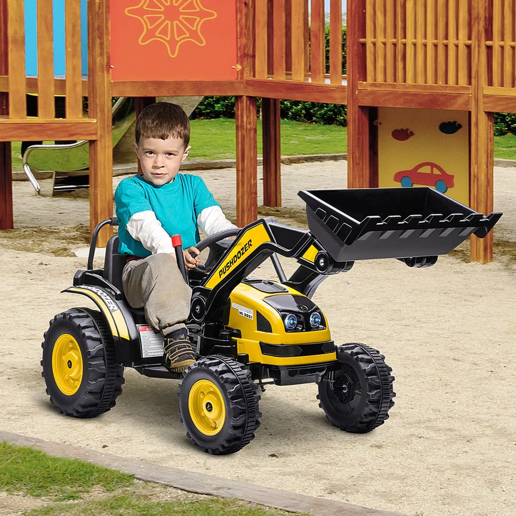 HOMCOM Dětské elektrické sedátko bagr 2 rychlostní stupně s volantem a ramenem lopaty pro 3-5 let do nosnosti 25 kg, žluté | Aosom.de