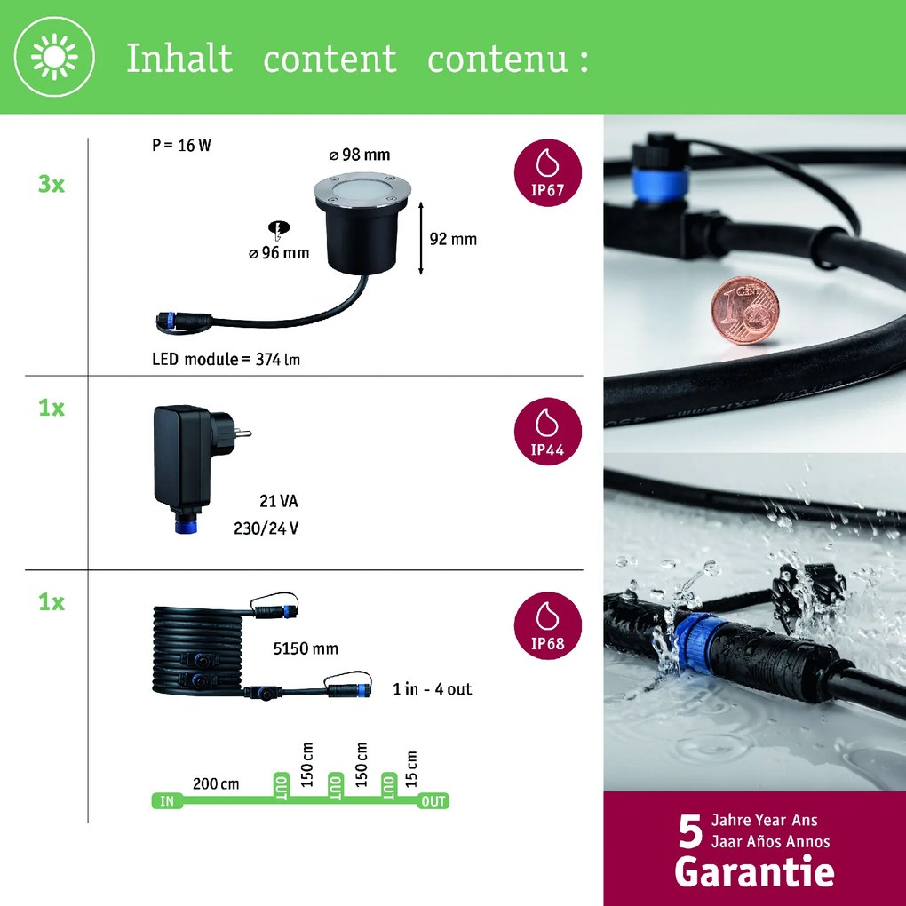 Paulmann 94717 Plug&Shine základní set zápustných venkovních svítidel 3x4,5W 2200K LED, IP67