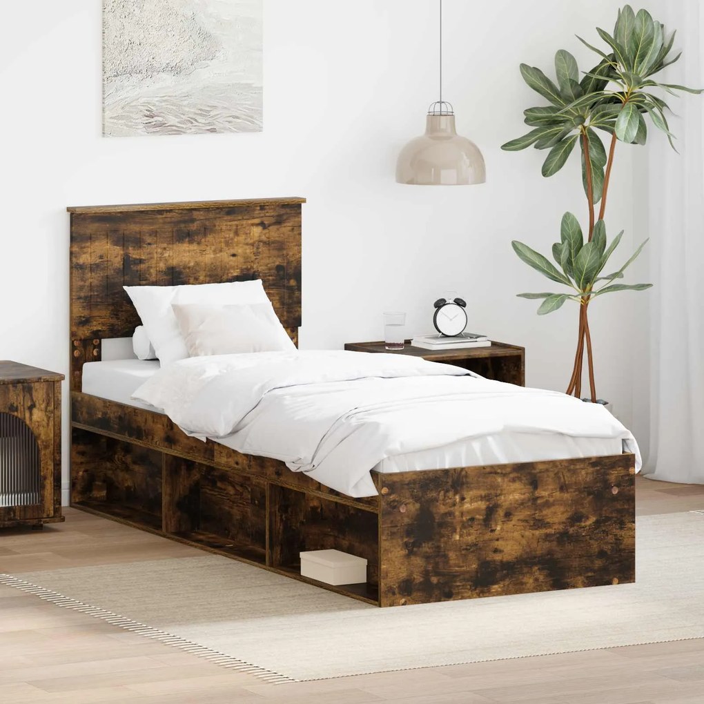 Rám postele s čelo Kouřový dub 75 x 190 cm Masivní borové dřevo 3410667