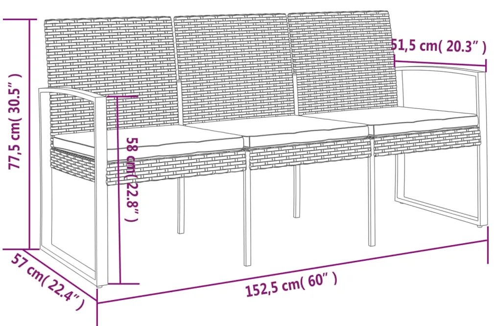 3místná zahradní lavice s poduškami černá PP ratan,  360212