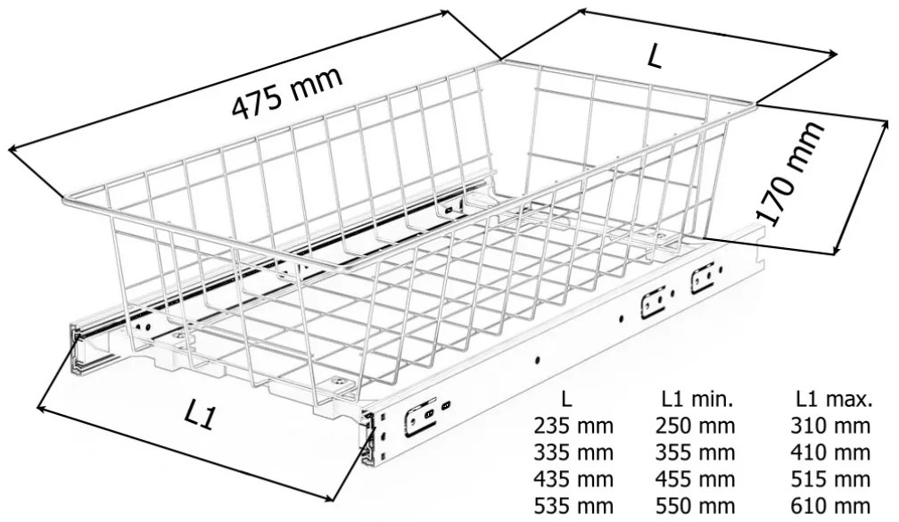 In-Design Úložný šatní koš plný výsuv tlumené zavírání výška 170 mm stříbrná Šířka koše (mm): 335 mm, Minimální nastavitelná šířka: 355 mm, Maximální nastavitelná šířka: 410 mm