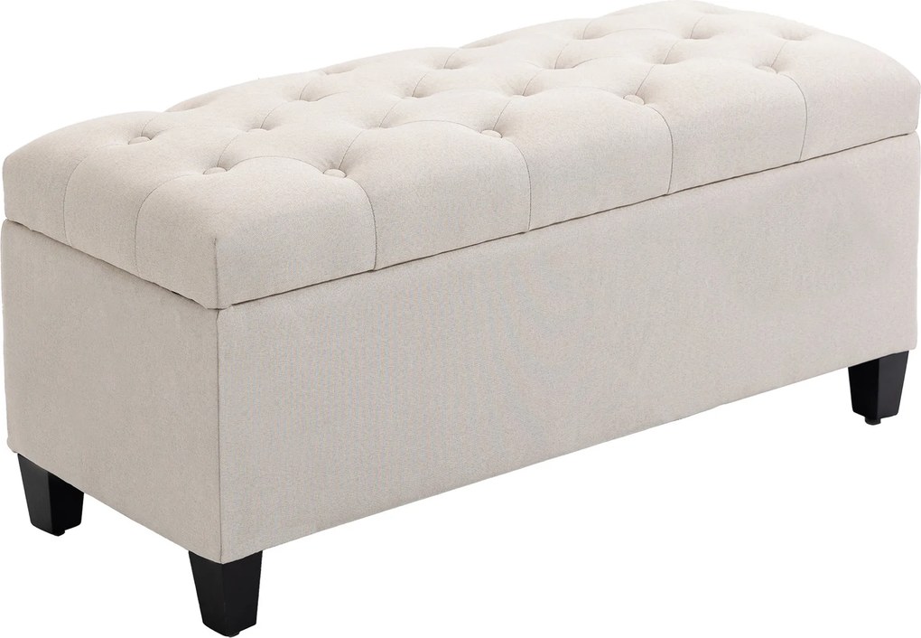 HOMCOM Lavice Čalouněná lavice s úložným prostorem, truhla, polyester podobný lnu, kaučukové dřevo, krémově bílá, 100 x 40 x 44 cm| Aosom