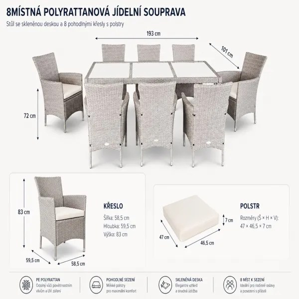 Zahradní ratanová sestava Janina 8+1 - šedá
