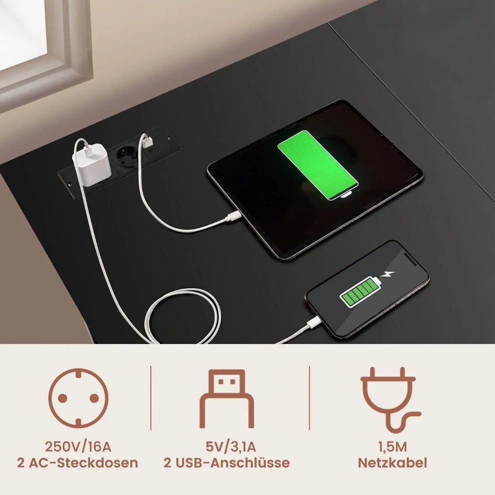 Costway Desk Rohový stůl ve tvaru L se zásuvkami a USB porty – 120 × 120 × 75 cm