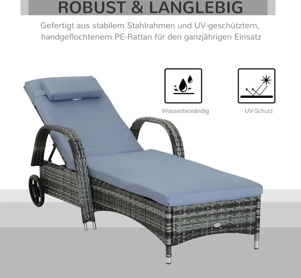 Zahradní nábytek Outsunny zahradní lehátko s poduškou, polyratan a kov, šedé, nastavitelné 200x73x30-103cm pro zahradu a terasu | Aosom.de