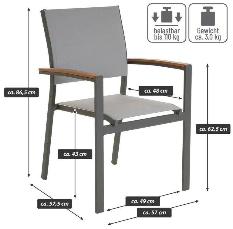 Sada zahradní stohovatelných kovových židlí, šedá, 4 ks