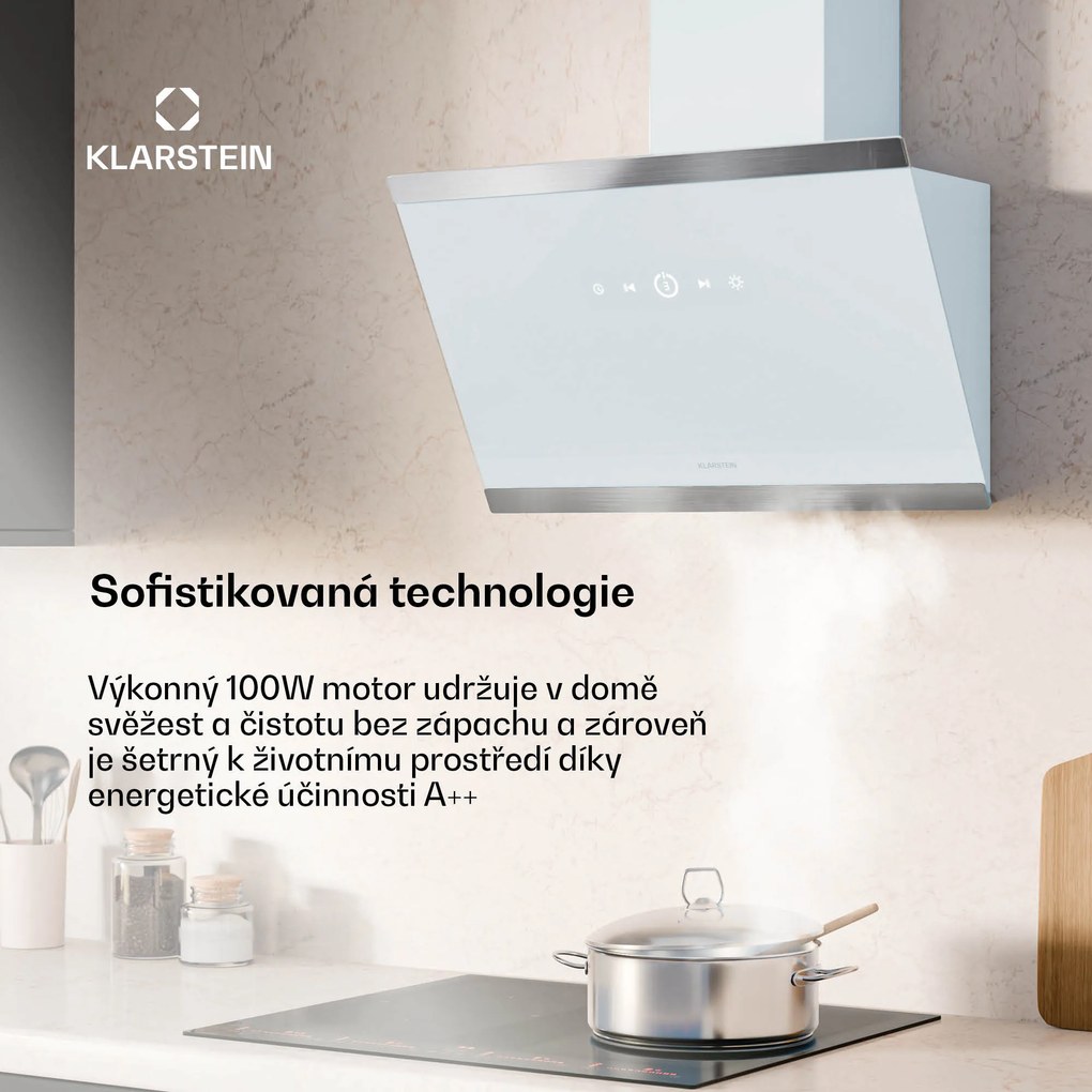 Klarstein FlashLine digestoř, A++, 578 m³/h, 3 úrovně, dotyková, tichá, LED, odsávání/recirkulace, 100 W