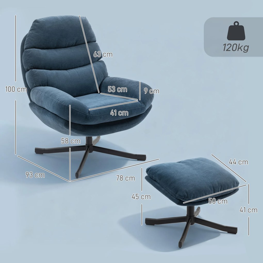 HOMCOM Relaxační křeslo s podnožkou, křeslo, lounge křeslo s čalouněním z chenille, moderní televizní křeslo, 78 x 93 x 100 cm, modrá