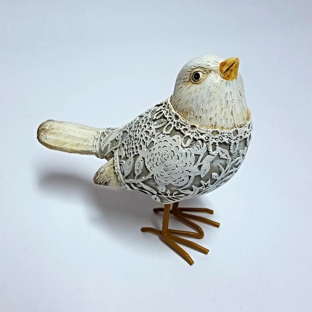 Ptáček šedo-bílý 12,5cm s hlavou nahoru na vyšších nožkách ve svetru