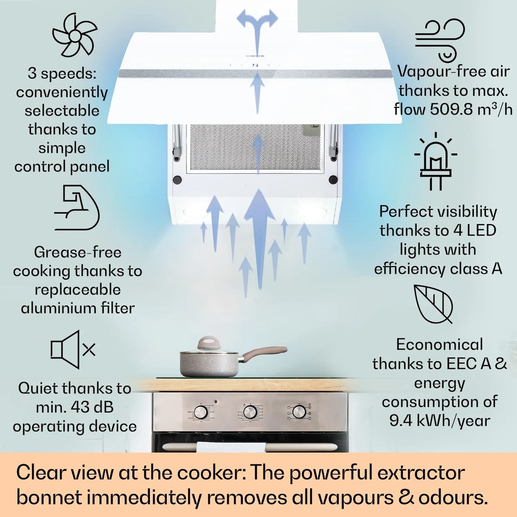 Klarstein Clara 60, digestoř, 60 cm, nástěnná, 509 m³/h, dotykový displej, LED podsvícení, bílá