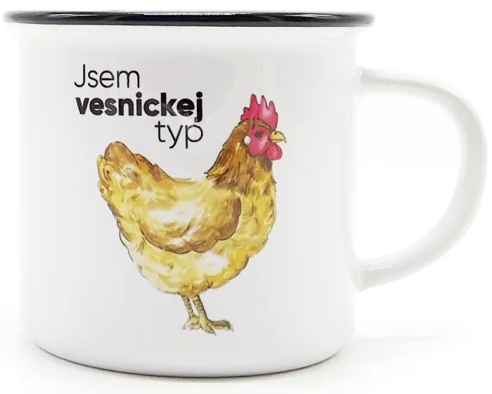 Keramický hrnek Jsem vesnickej typ, 250 ml – s motivem slepičky, autorský design, ve stylu plecháčku