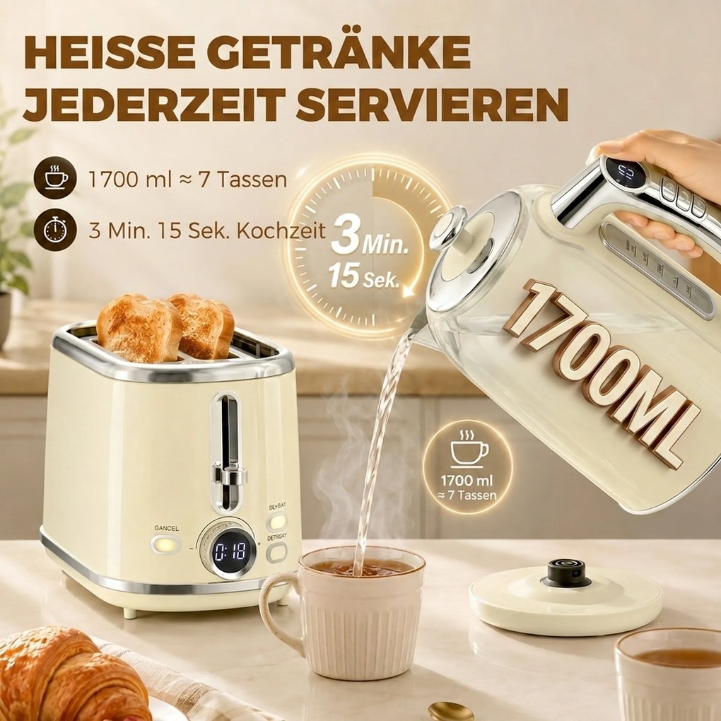 HOMCOM Sada konvice a toustovače s LED displejem, 1,7 l konvice s funkcí udržení teploty 3 hod., krémová