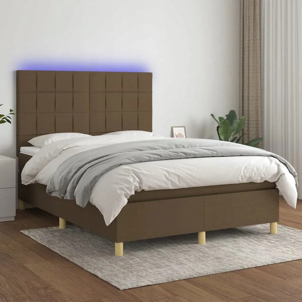Box spring postel s matrací a led textil tmavě hnědá