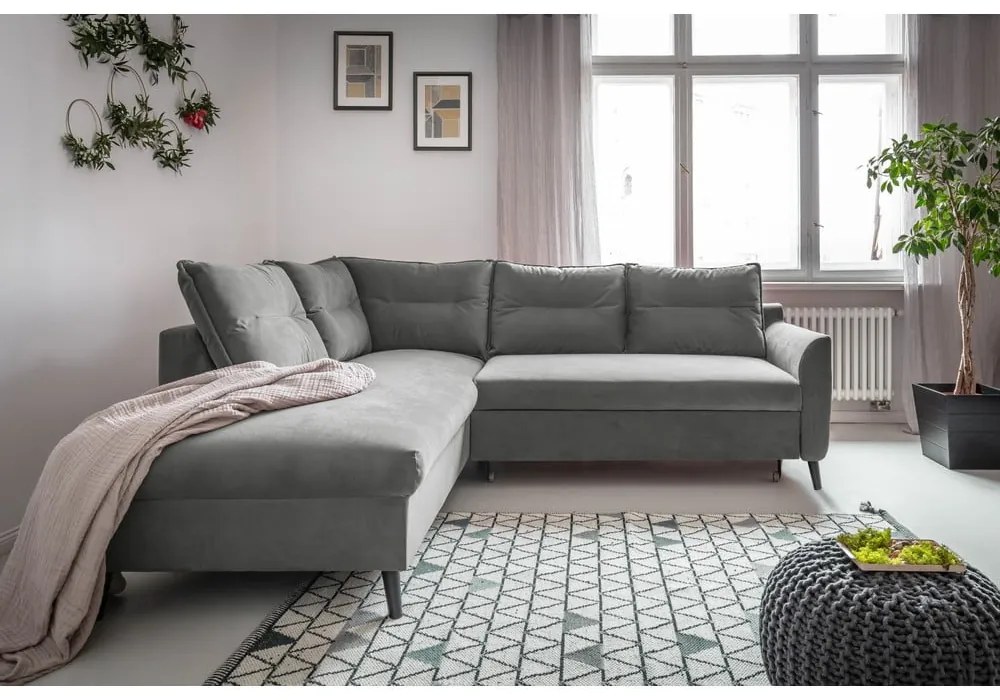 Světle šedá sametová rozkládací rohová pohovka Miuform Stylish Stan L, levý roh