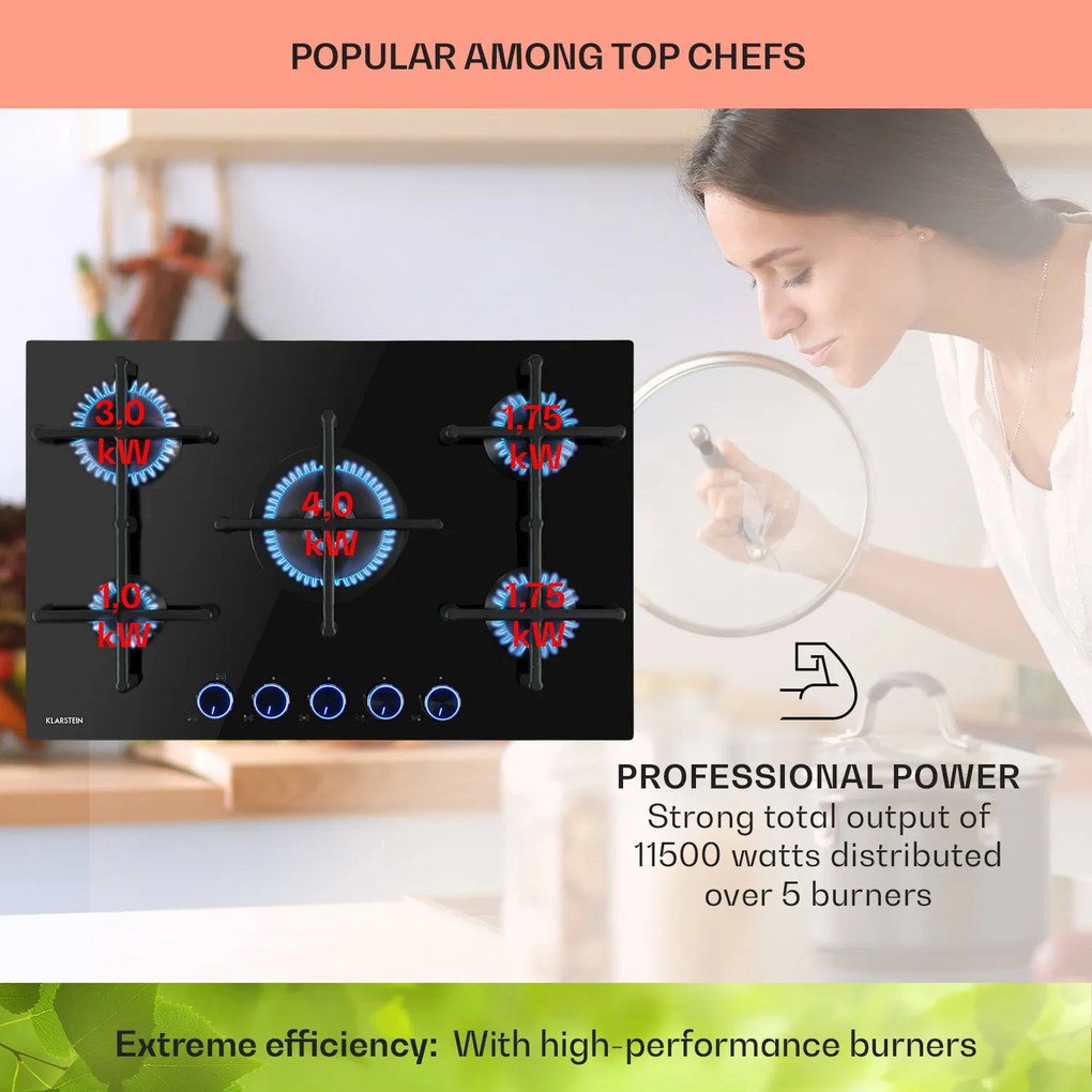 Klarstein Illuminosa 5, plynová varná deska, 5 hořáků Sabaf, sklokeramika