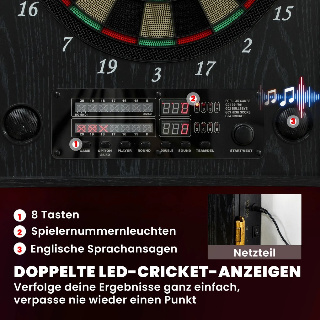 SPORTNOW Elektronický terč E Dartboard s dveřmi vzhled dřeva, LED displej, hlasové hlášení, 6 šipek, 24 náhradních hrotů
