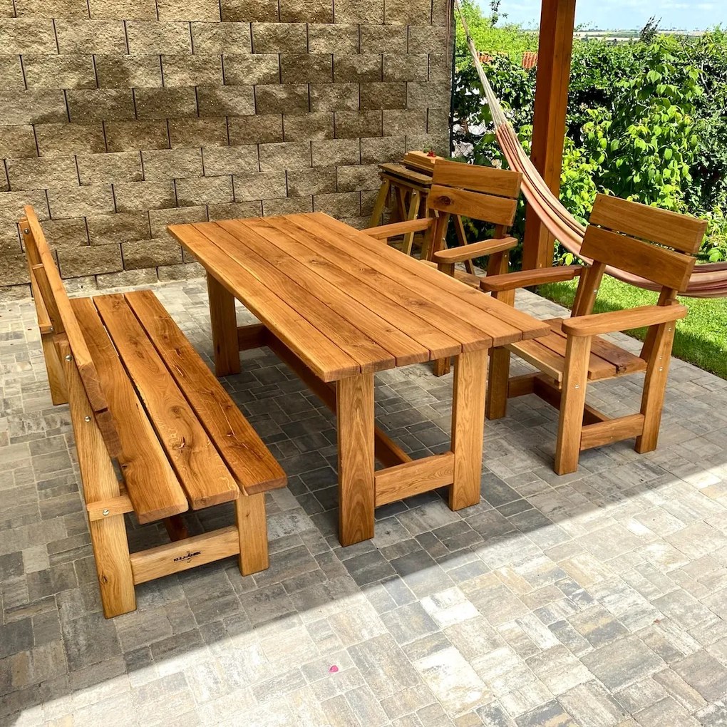 KULHÁNEK Zahradní dubová sestava - stůl, 1x lavice s opěradlem, 2x křeslo (klasické provedení) Délka: 150 cm, Odstín nátěru: individuální