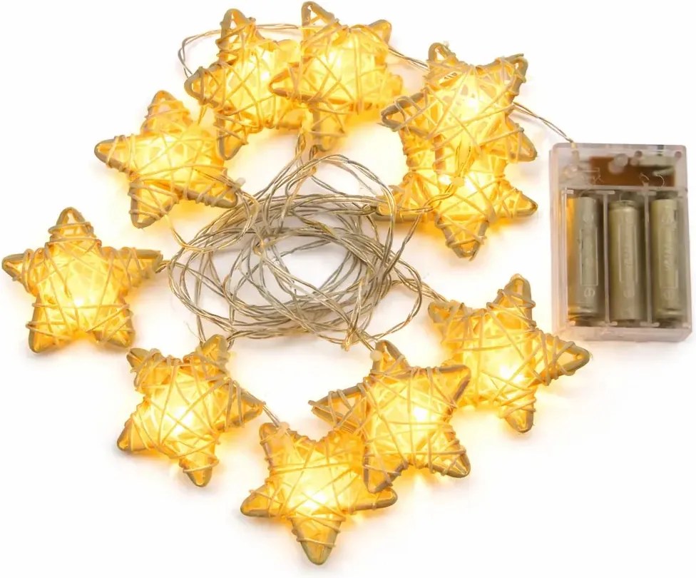 LED světýlka na baterie, ratanové hvězdy, 2,8 m, teple bílá, 10 diod, čirý kabel, IP20 interiér, 3 × AA