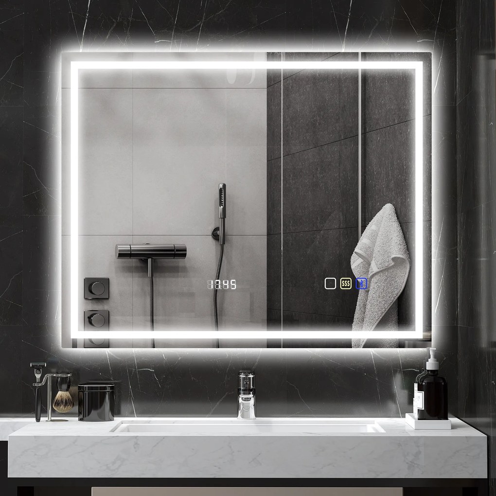 HOMCOM Koupelnové zrcadlo LED Bluetooth 80 x 100 cm dotykový spínač, nastavitelný světelný výkon 3 barvy, Anti-Fog, paměť, stříbrné
