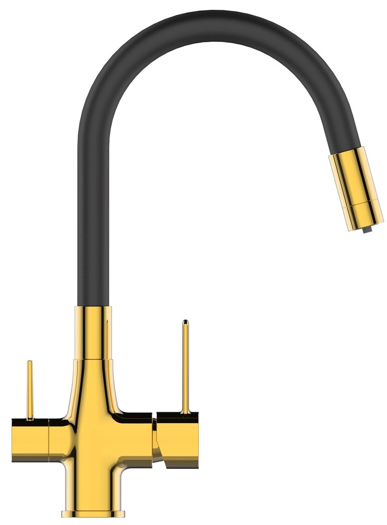 Invena Magic, stojánková dřezová baterie s flexibilním ramenem a filtrem na pitnou vodu, černá-zlatá lesklá, INV-BZ-08-F09-V