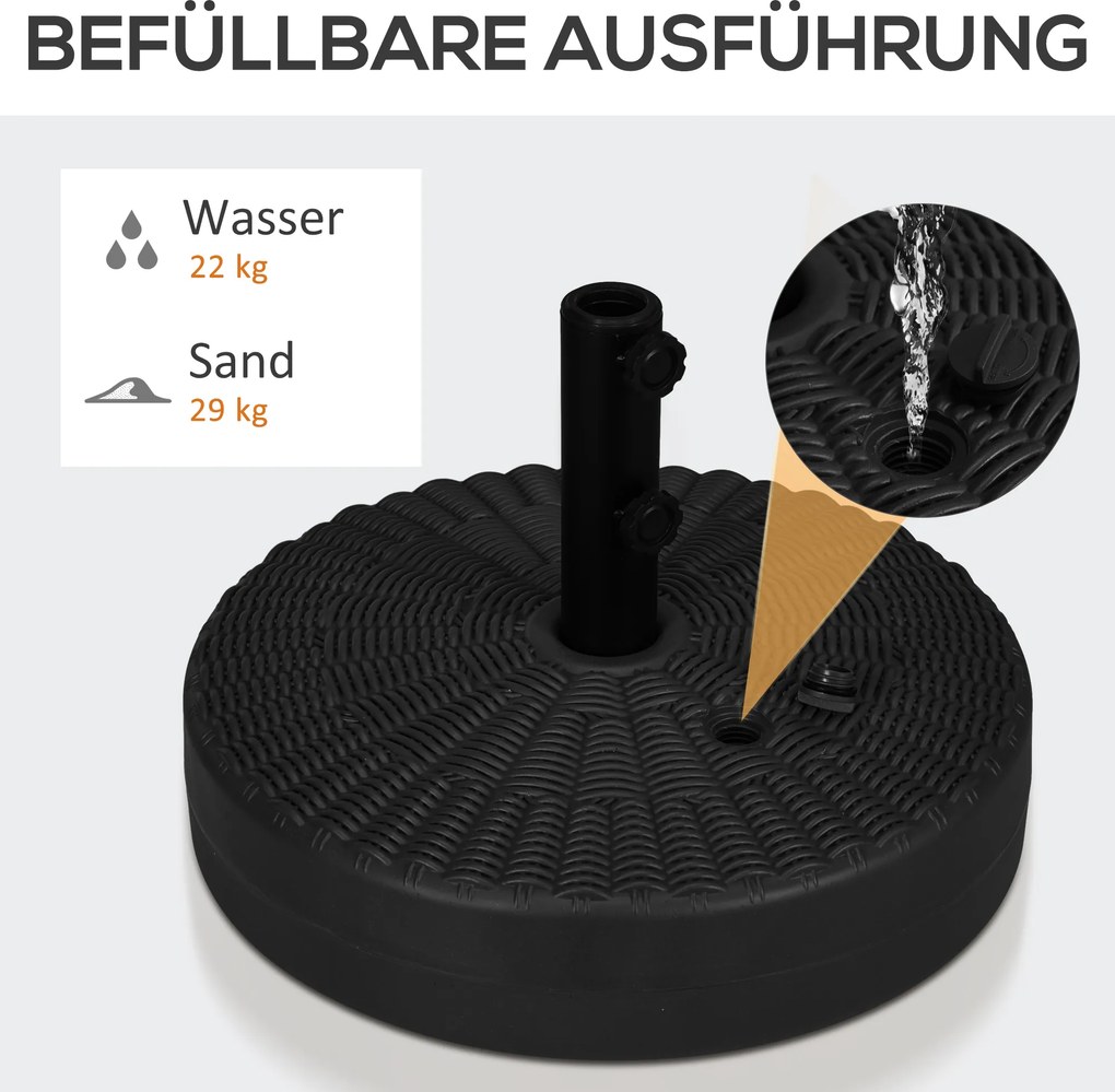 Stojan na slunečník Outsunny 29kg podstavec pro slunečník s tyčí Ø38/48mm, vzhled ratanu, ideální pro zahradu a balkon, HDPE černá Ø51x36cm |