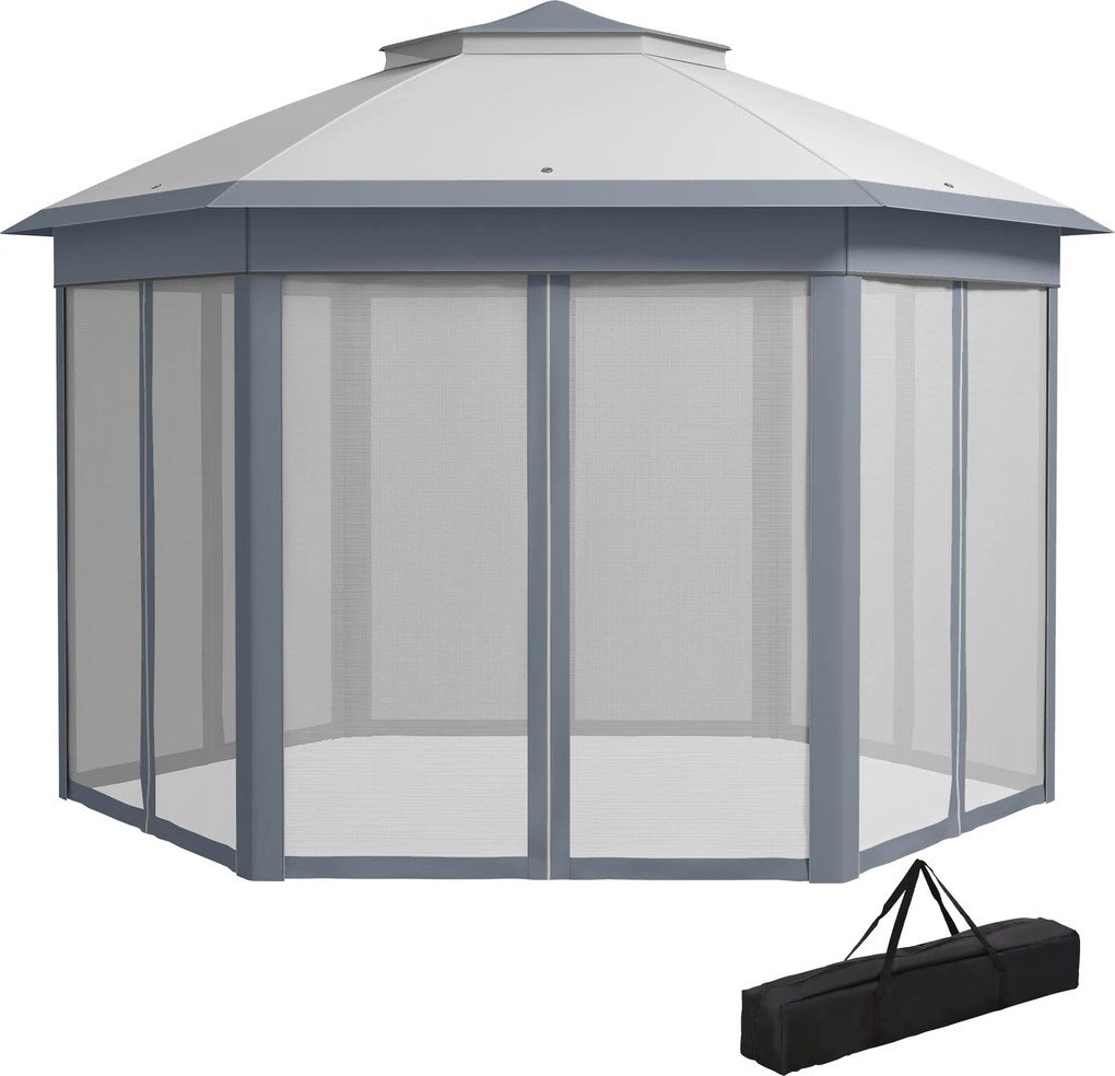 Outsunny skládací pavilon 4 x 4 m Šestiúhelníkový design Sítě proti hmyzu, voděodolná ventilační střecha pro grilovací párty Šedá+Bílá
