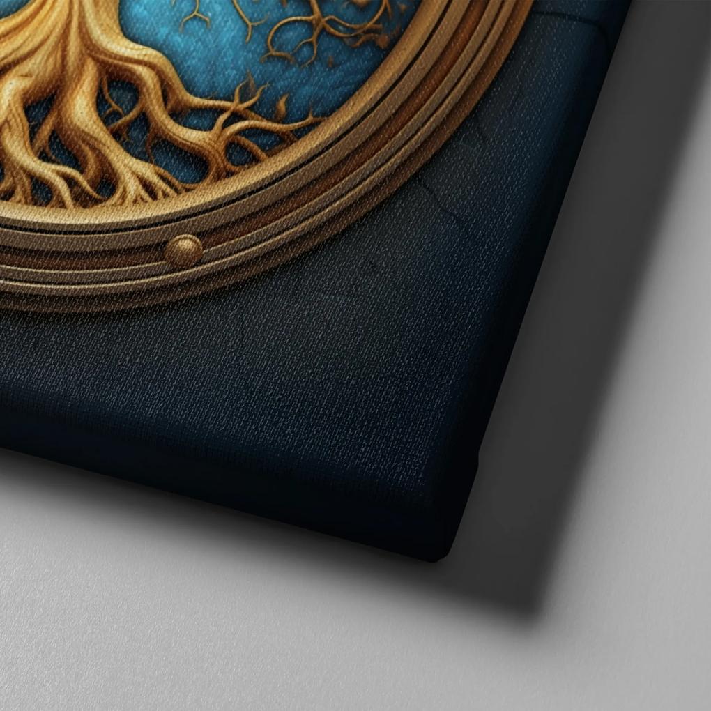 Obraz na plátně - Zlatý strom života se zářící modrou aurou FeelHappy.cz Velikost obrazu: 100 x 100 cm