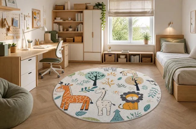 Dětský koberec protiskluzový BAMBINO 61570 krémový / zelený kruh